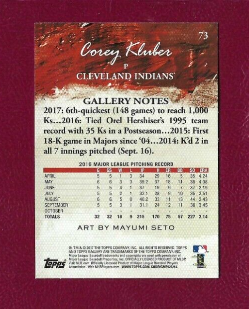 2017 Topps Gallery #73 Corey Kluber Cleveland Indians Baseball Card | eBay