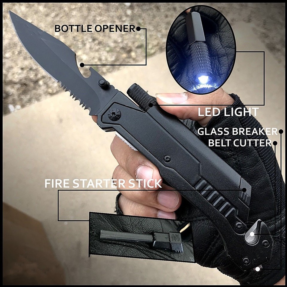 Black EDC Assisted LED Multifunction Open Pocket Knife Survival MULTI ...