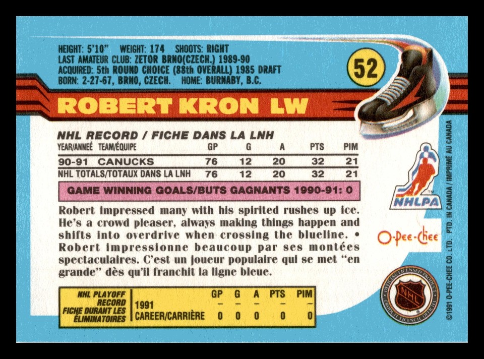 1991-92 O-Pee-Chee Robert Kron #52 Vancouver Canucks NM-MINT | eBay