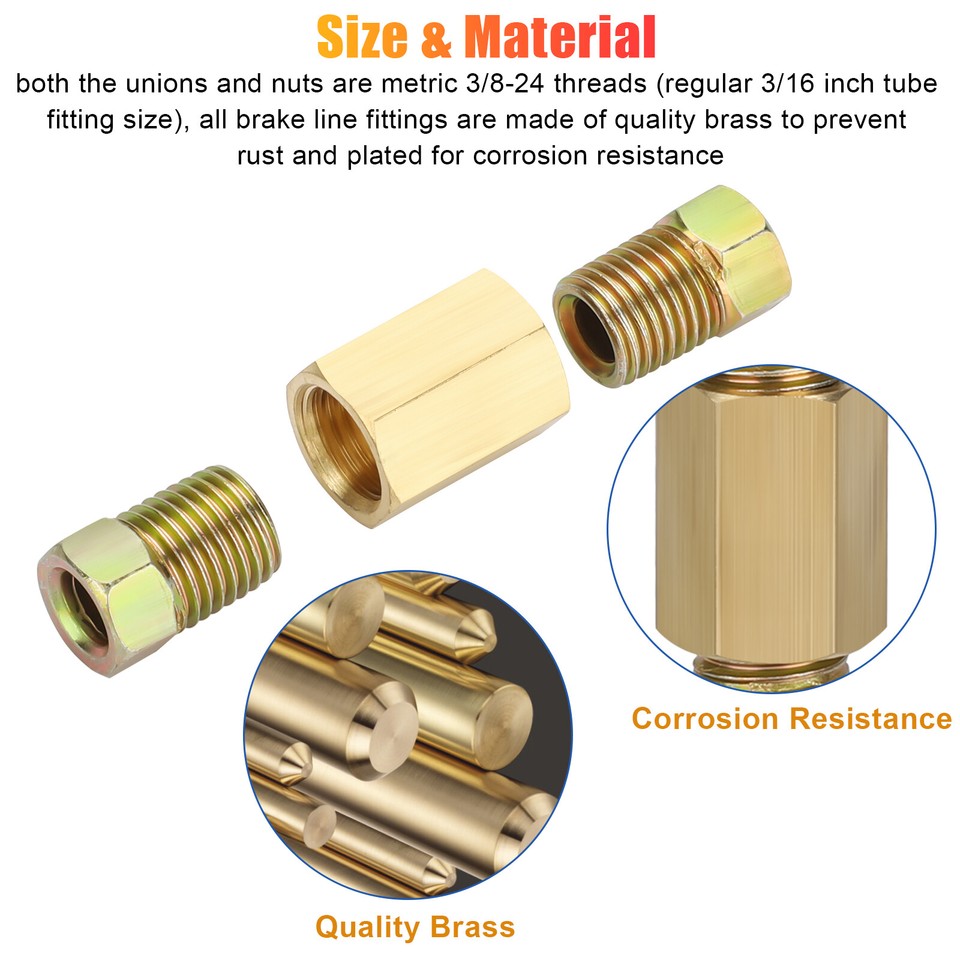 12 Piece (3/8-24 Inverted) Brake Line Fittings & Brass Unions Set For 3 ...