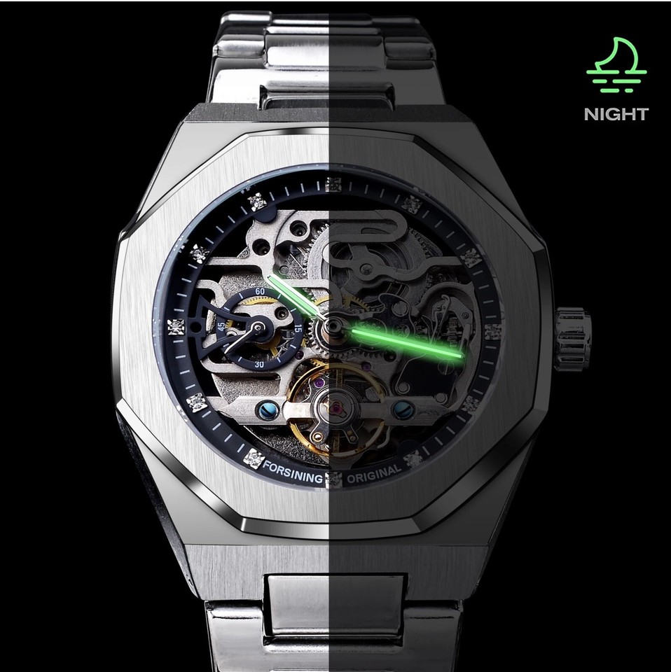 Men's Skeleton Mechanical Luminous Luxury Waterproof Octagon Shape ...