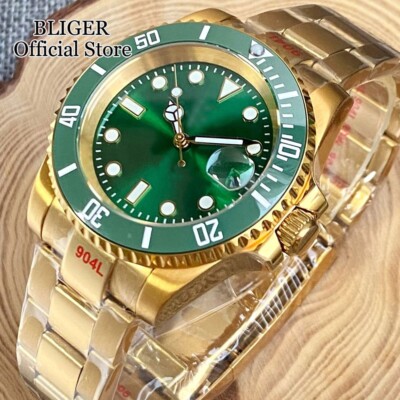Luxury 40mm Gold NH35A Mechanical 200M Diving Men Watch Sunburst Green ...