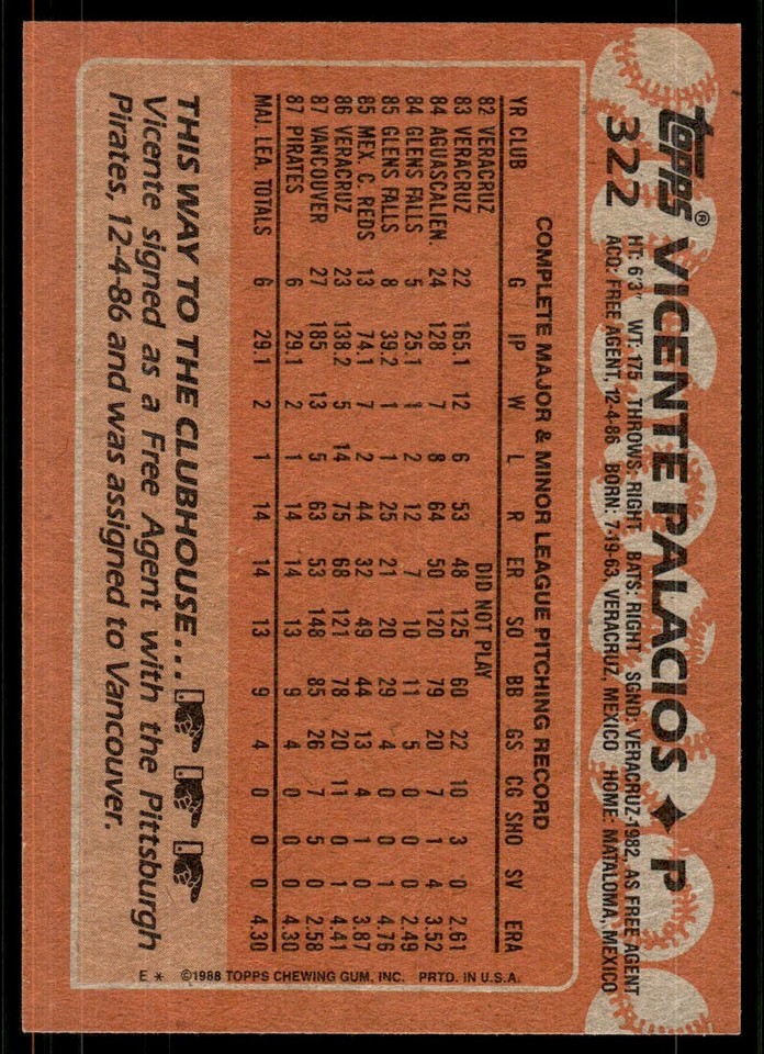 1988 Topps Baseball Card Vicente Palacios Rookie Pittsburgh Pirates ...