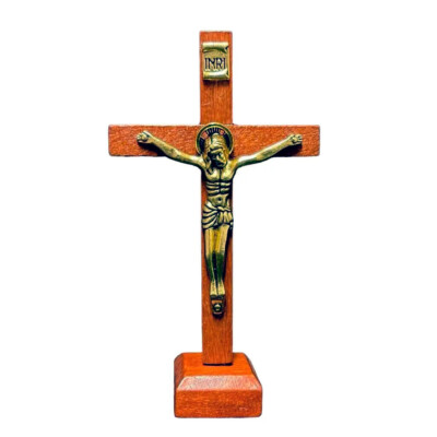 Standing Catholic Crucifix Cross Sacred Heart League INRI Wood Brass ...