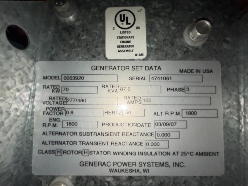 Generac Nat Gas Generator 70 kW 227/480 V 105 AMPS 87.5 KVA 19 Hrs ...