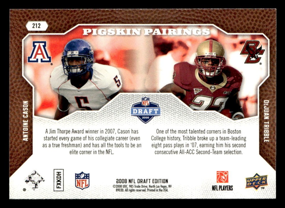 Antoine Cason / DeJuan Tribble PP 2008 Upper Deck Draft Edition Card ...