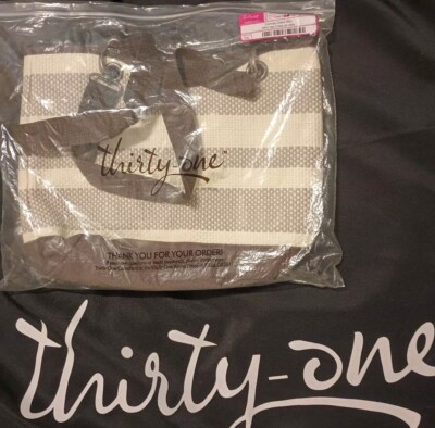Thirty One 31 Canvas Crew Mini Tote Purse Taupe Straw Stripe New | eBay