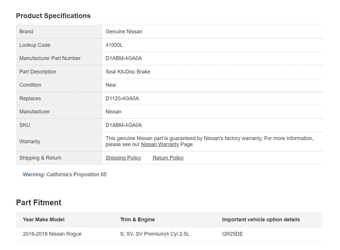 D1abm-4ga0a+Nissan+Seal+Kit-disc+D1ABM4GA0A+Genuine+OEM+Part for sale ...
