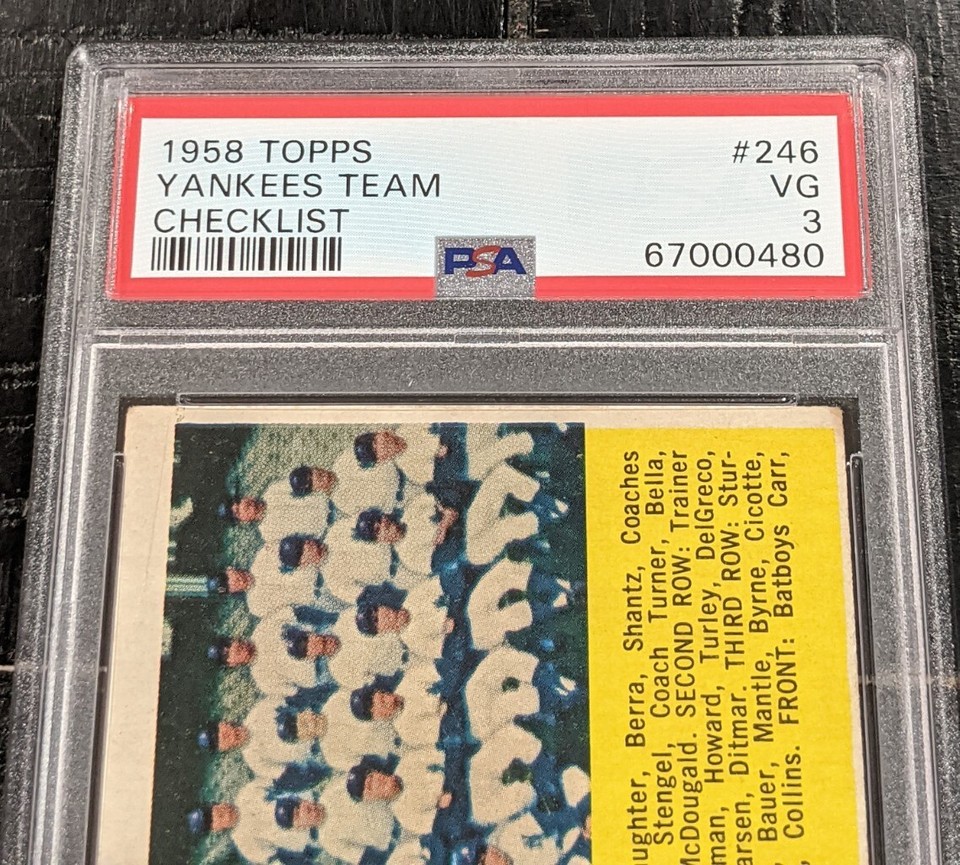 1958 Topps YANKEES TEAM CARD Checklist Mickey Mantle PSA 3 VG #246 ...