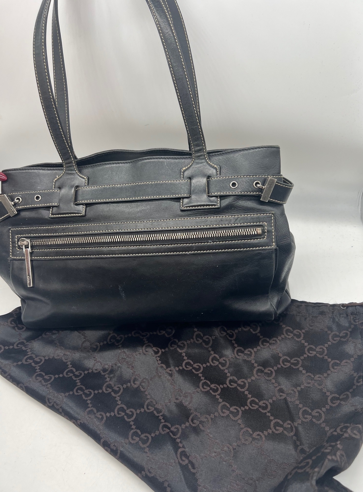 Gucci Vintage Black Leather White Stitch Shoulder Bag - Gem