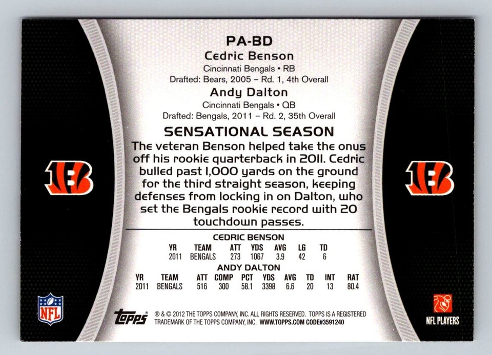 2012 Topps #PA-BD Cedric Benson / Andy Dalton Paramount Pairs | eBay