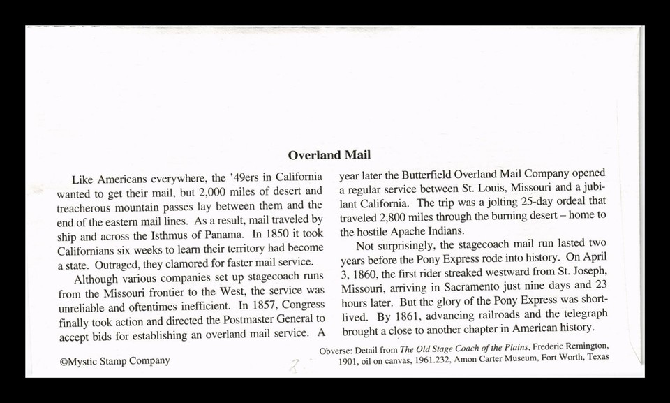 Dr Jim Stamps US 29c Overland Mail First Day Issue Mystic Stamp Company ...
