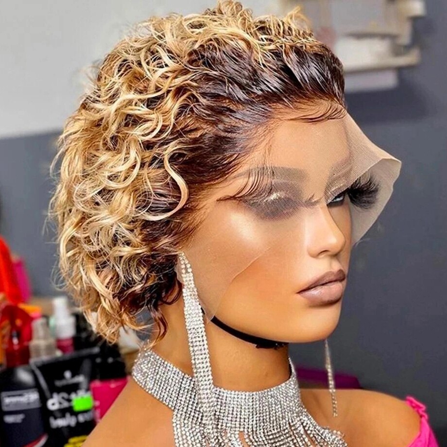 Short Deep Wave Lace Wig Pixie Cut Curly Human Hair Wigs Preplucked for ...