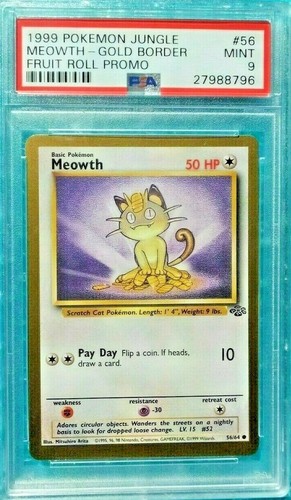 1999 Pokemon Jungle MEOWTH *Gold Border* Fruit Roll-Up Promo #56 PSA-9 ...