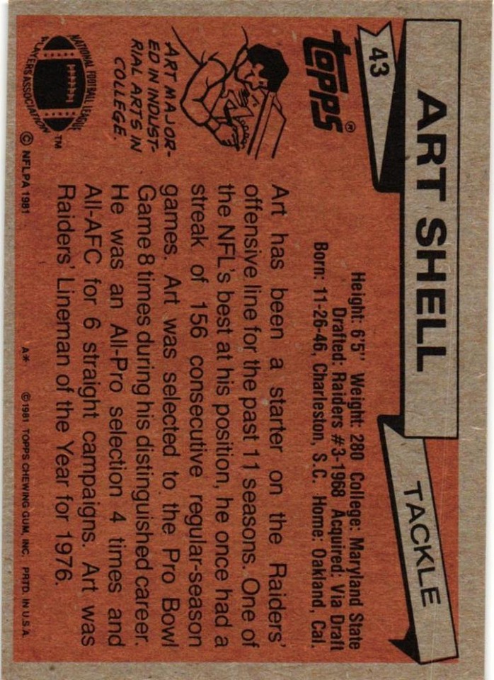 ART SHELL 1981 Topps Football #43 $1 Items MUST Buy 2 to Qualify ...
