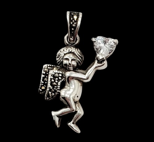 Vintage Figural Angel Cupid Crystal Heart HAN Signed 925 Silver Pendant ...