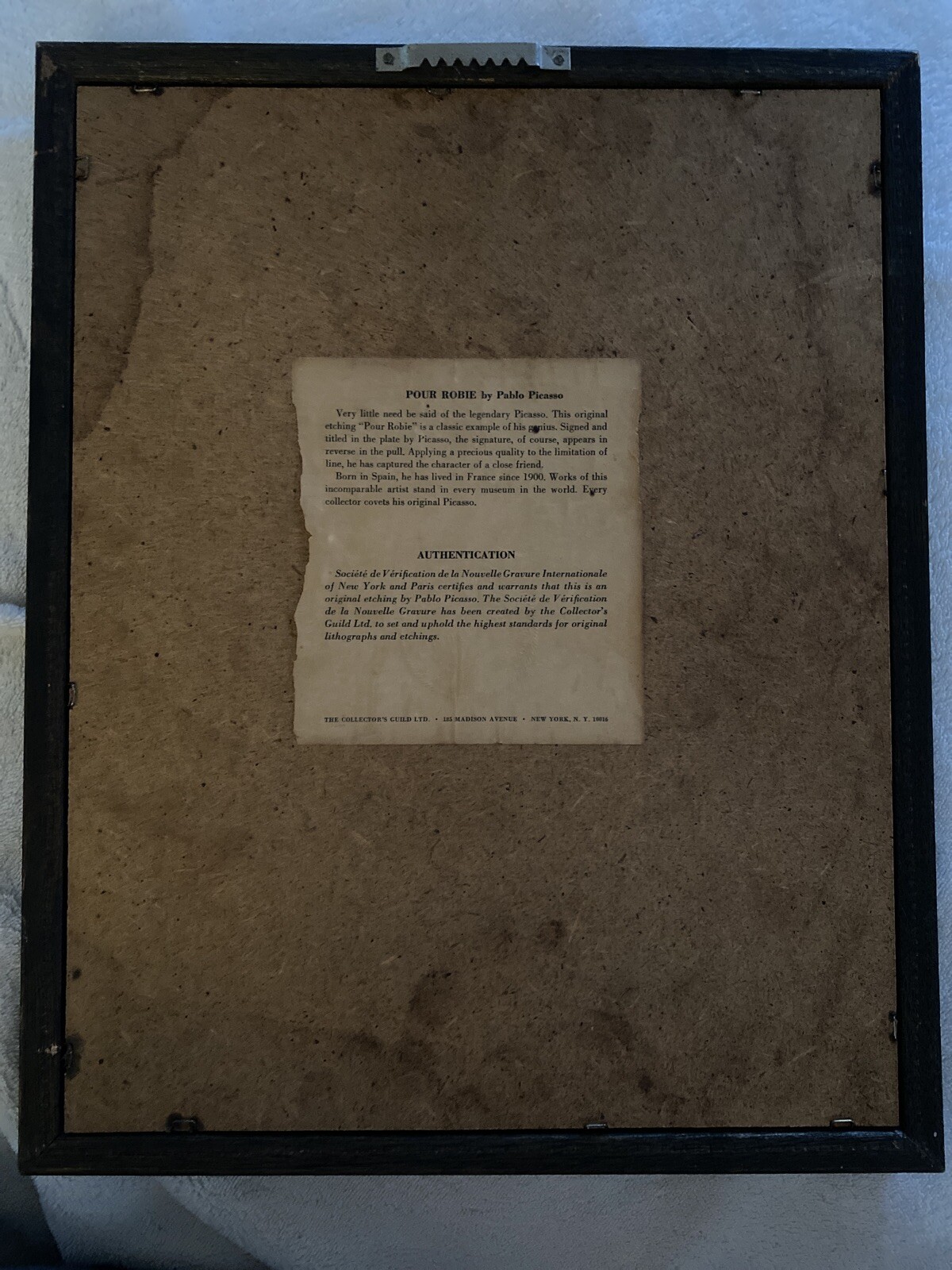 An Original Etching on “Poor Robie”By Pablo Picasso With Authentication ...