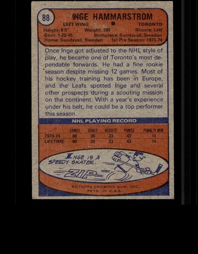 INGE HAMMARSTROM 1974 Topps Hockey #88 B1012R5S6P98 FREE SHIPPING | eBay