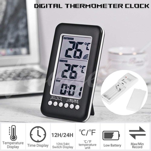 Digital Thermometer Clock Temperature Indoor/Outdoor Wireless ...