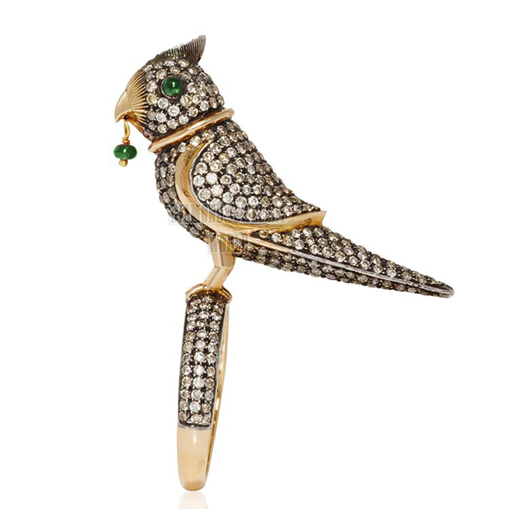 Vintage 4.34ct Rose Cut Diamond Emerald Studded Silver Amazing Bird ...