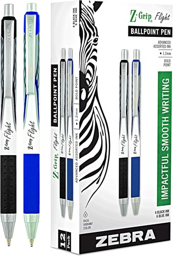 Zebra Pen Z Grip Flight Retractable 12 Count (Pack of 1), Black, Blue ...