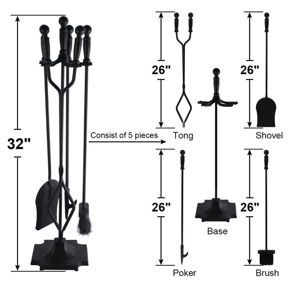 5 PCS Fireplace Tools Wrought Iron Fire Place Tool Set Stand Hearth ...