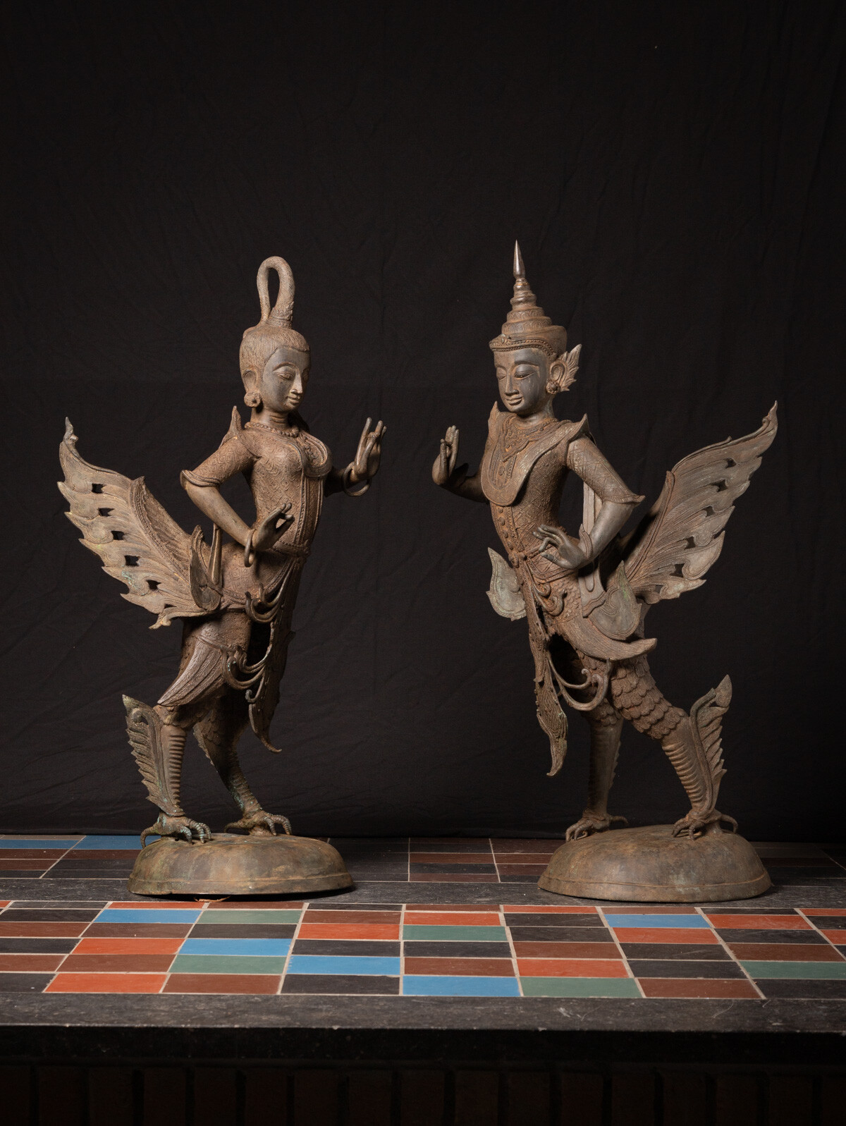 Special large bronze pair of Kinnari statues from Burma, Early 20th ...