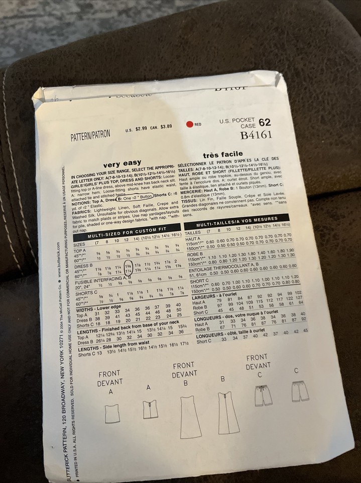 Butterick See & Sew Pattern B4161 Girls' Shorts Top Dress Sizes 7 8 10 ...