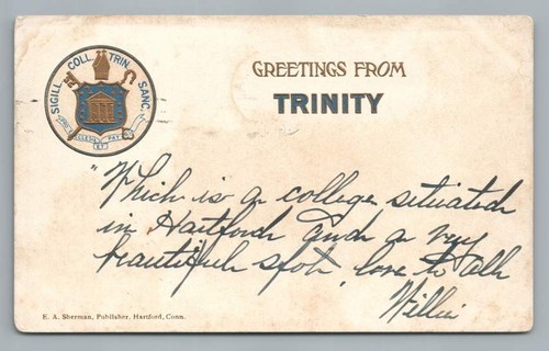 Greetings Seal TRINITY COLLEGE Rare Antique Postcard HARTFORD ...