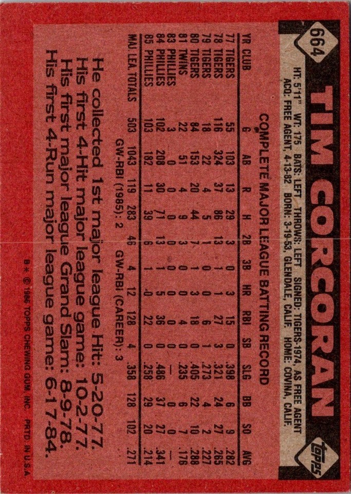 1986 Topps Tim Corcoran #664 Philadelphia Phillies Baseball Card | eBay