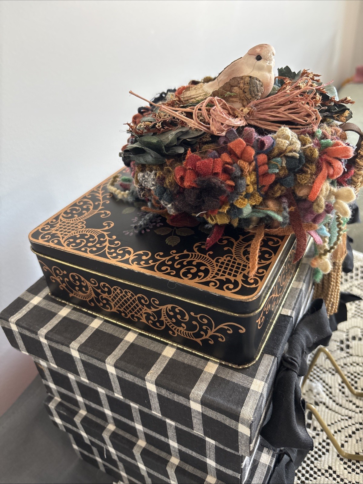 Artisan Hand Needle Punched Wool Messy Nest W/Miniature Bird W/VTG ...