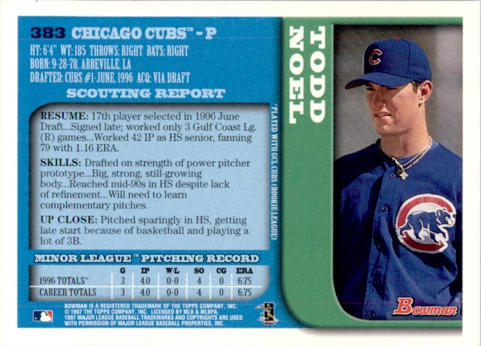 1997 Bowman #383 Todd Noel Rookie Chicago Cubs | eBay