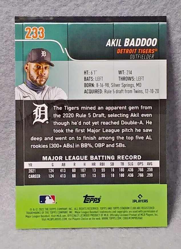 Akil Baddoo, 2022 Topps Stadium Club Base #233 - Detroit Tigers | eBay