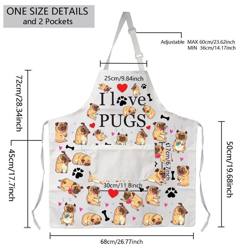Pug Dog Aprons Kitchen Cooking Pockets Waterproof Cute Puppy Animal ...