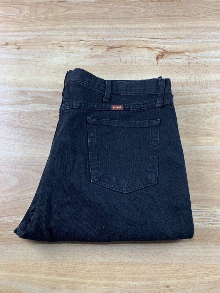 Wrangler Rustler Regular Fit Straight Leg Black Denim Work Jeans Men's ...