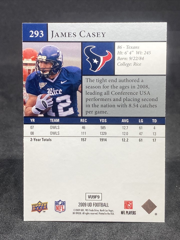 JAMES CASEY 2009 Upper Deck Football RC Star Rookie #293 TEXANS RICE | eBay