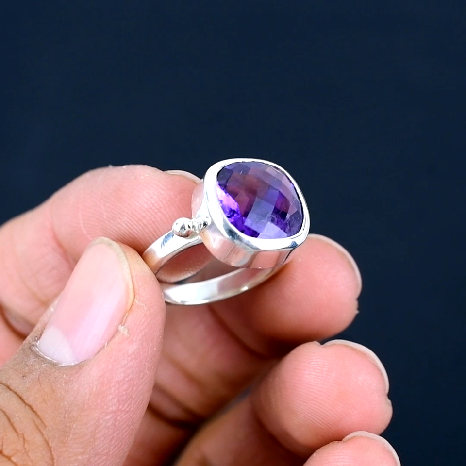 Faceted Amethyst Gemstone Solid 925 Sterling Silver Ring Jewelry For ...