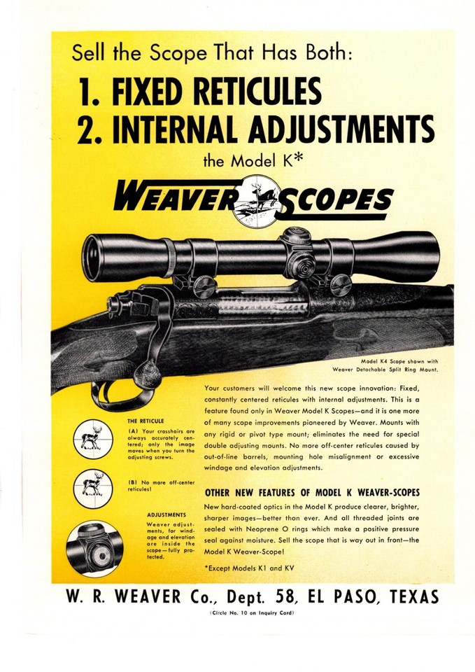 1958 WEAVER SCOPES PRINT AD,VINTAGE FIREARMS GUN MOUNT SIGHTS PRINT AD ...