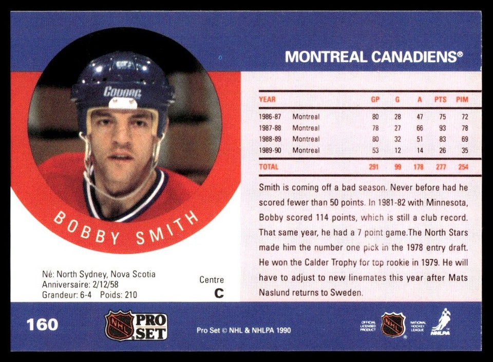 1990-91 Pro Set #160 Bobby Smith Montreal Canadiens HOF | eBay