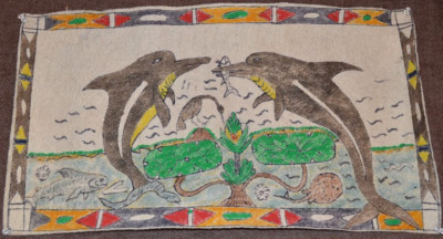 Ticuna Tribe Forest Spirit Dolphins Painting On Bark Cloth Amazon South ...