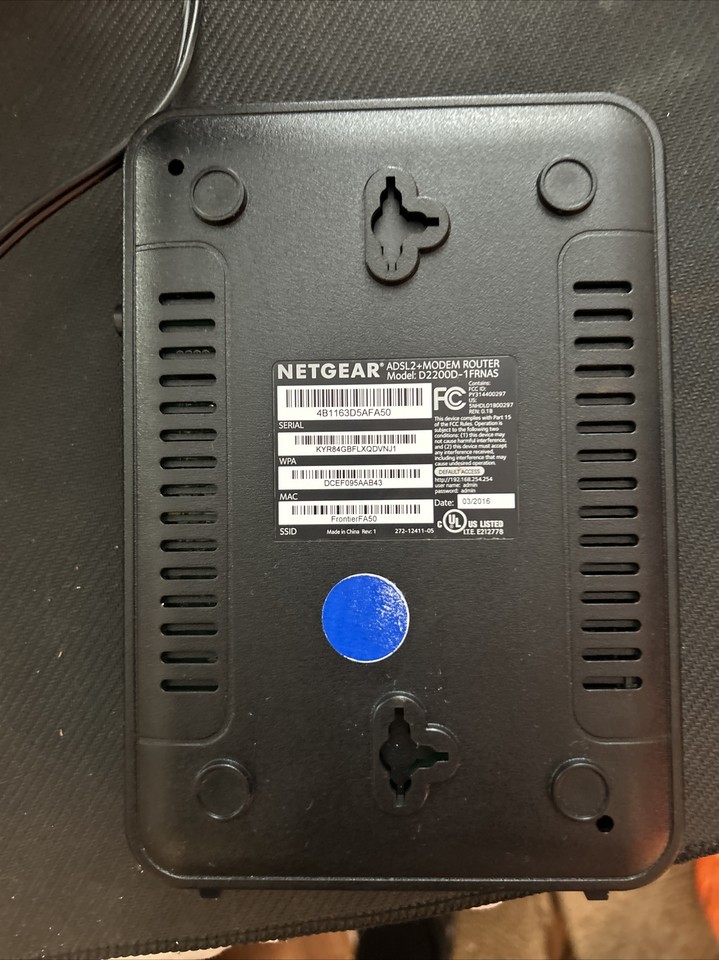 Frontier NetGear DSL Modem with WiFi ADSL2+ Router Model D2200D-1FRNAS ...