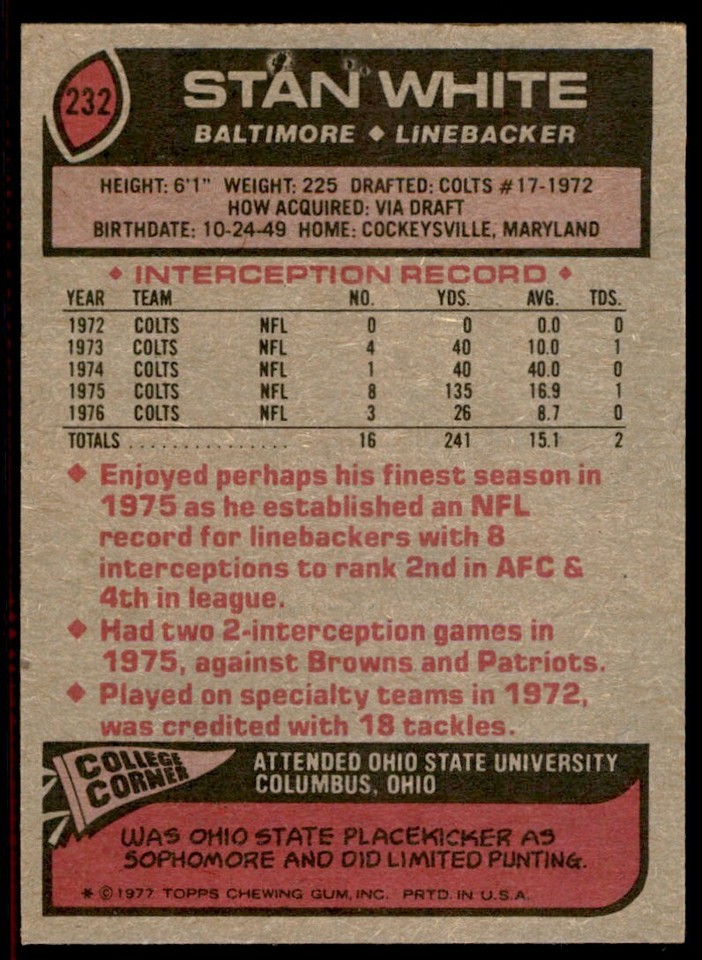 1977 Topps Stan White Football Card Baltimore Colts #232 | eBay