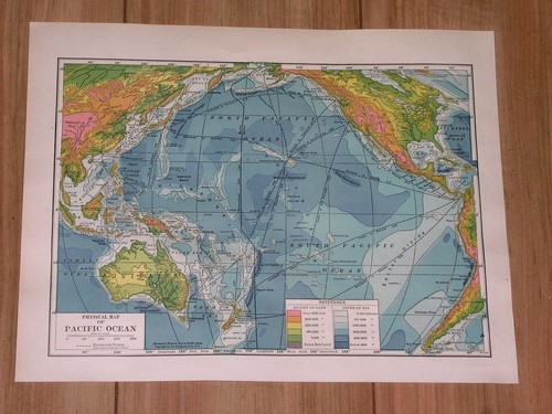 1936 VINTAGE PHYSICAL MAP OF THE PACIFIC OCEAN / SOUTH AMERICA ...