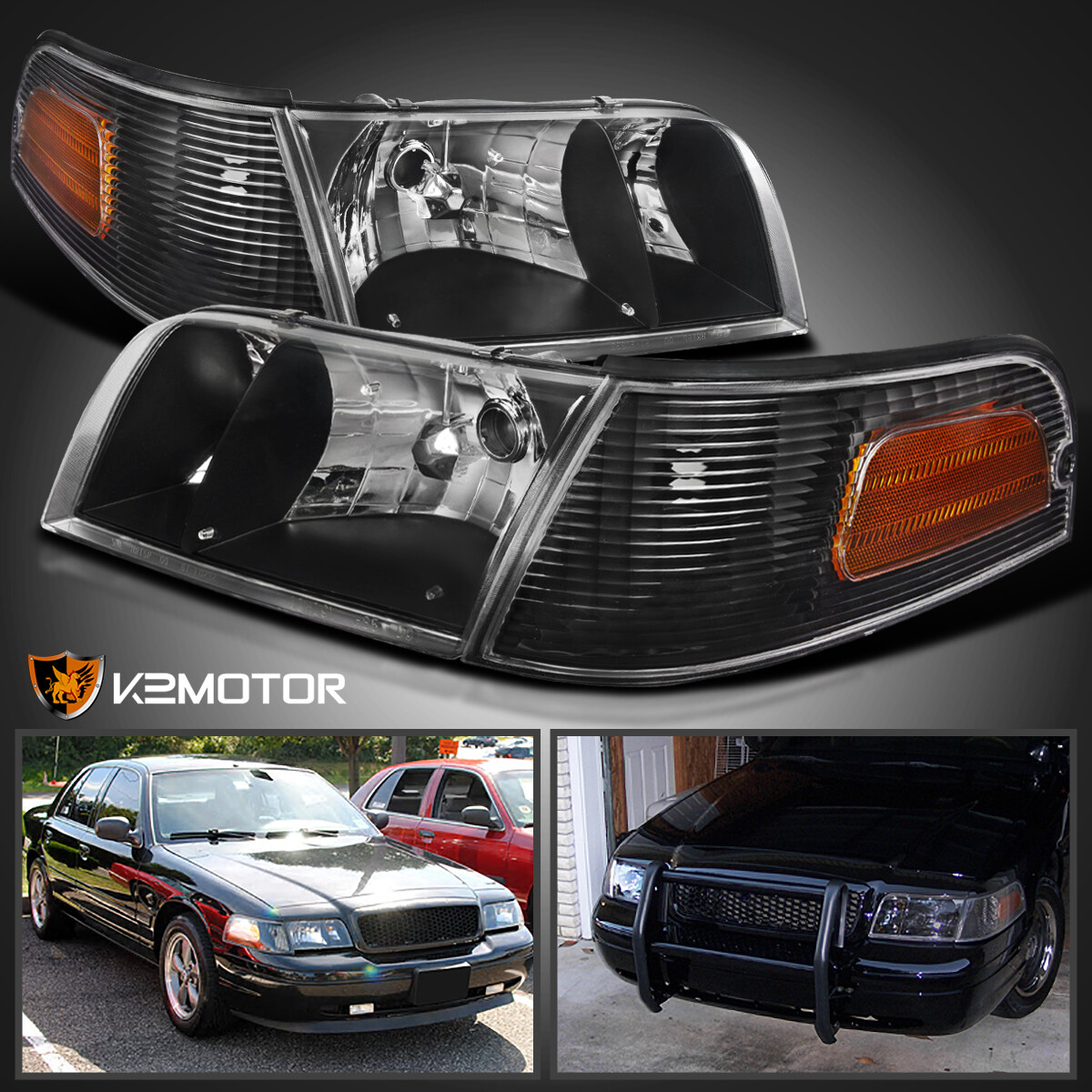 Fits 1998-2011 Ford Crown Victoria Black Headlights+Corner Signal Lamp ...