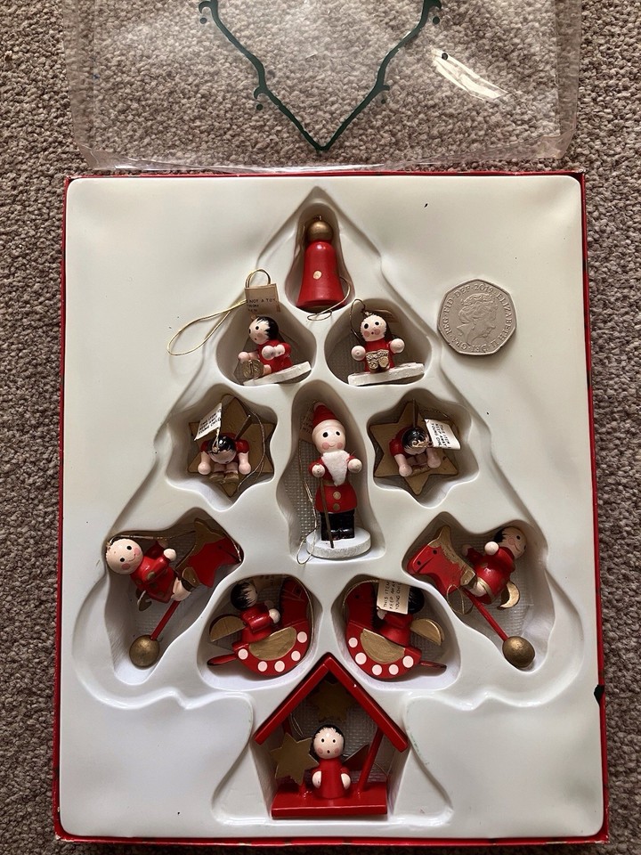Set 11 Vintage Wooden Hand Painted Christmas Decorations In Original ...