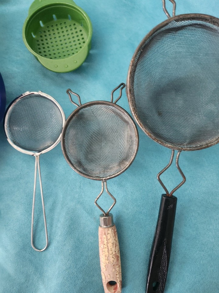 Lot 6 strainers-old/new large/small joseph tupperware vintage metal-can ...