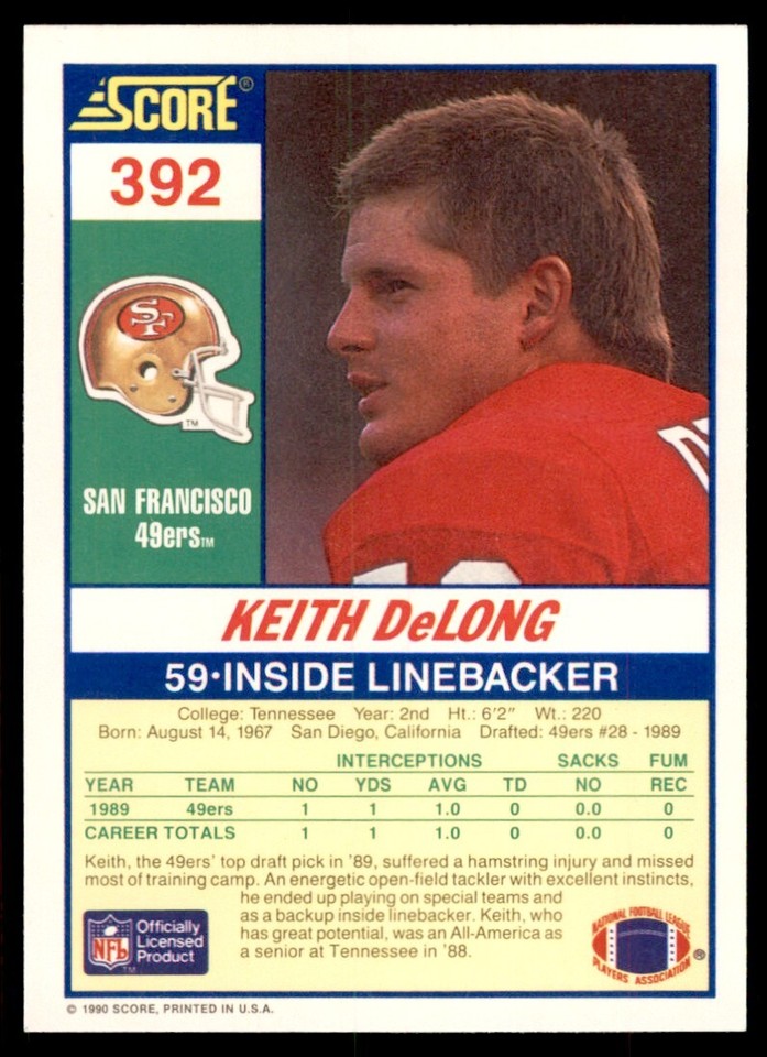 1990 Score Keith DeLong San Francisco 49ers #392 | eBay