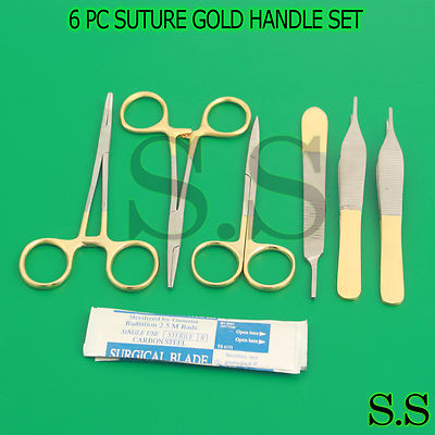 6 PC SUTURE GOLD HANDLE LACERATION SURGICAL INSTRUMENTS SET KIT+5 BLADE ...