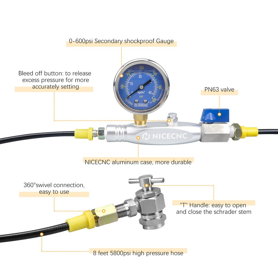 NICECNC Nitrogen Regulator Shock Fill Kit 8 feet Hose 600 PSI No Loss ...