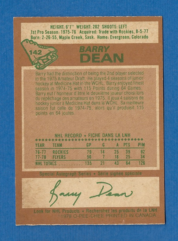 BARRY DEAN, PHILADELPHIA FLYERS 1978-79 O PEE CHEE CARD #142 - NM | eBay